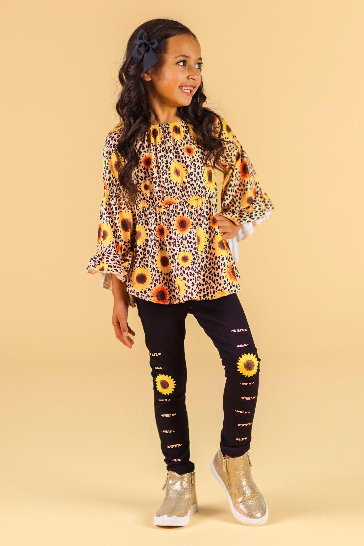 Sunflower Leopard Bell Sleeve Pant Set | Girls' Fall Clothing – Sparkle ...