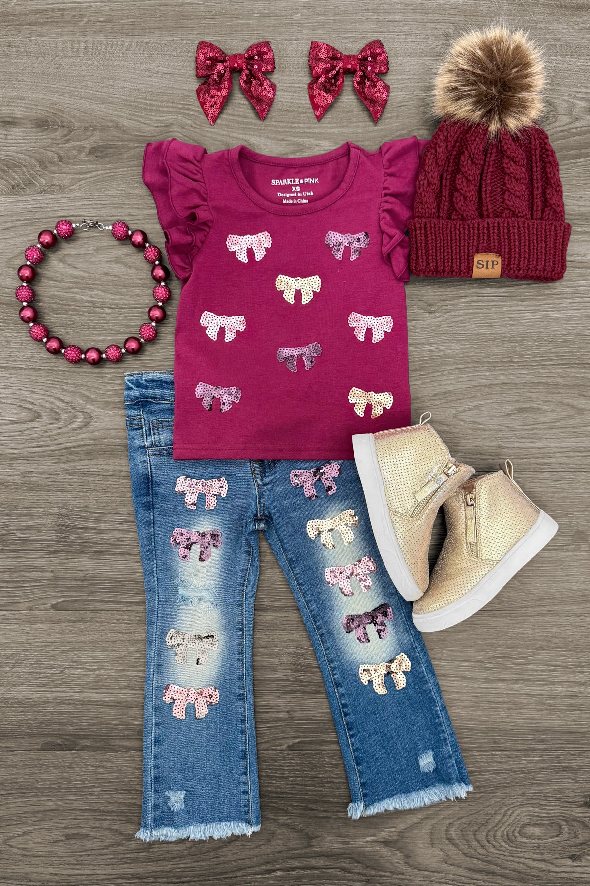Plum Sequin Bow Denim Pant Set | Girls' Fall Clothing – Sparkle In Pink