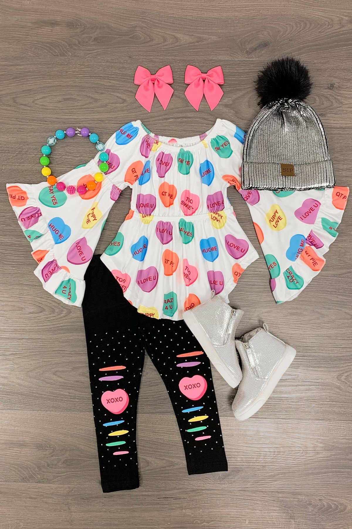 Candy Hearts Sparkly Legging Set | Sparkle In Pink
